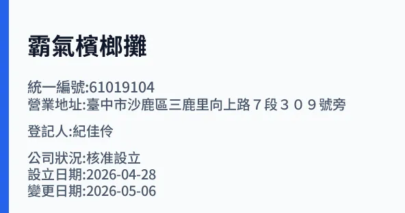 霸氣檳榔攤的照片-統編 61019104(臺中市) 公司登記資料與營業項目詳細圖表