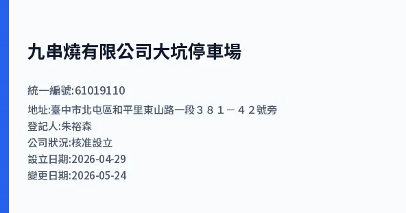 九串燒有限公司大坑停車場的照片-統編 61019110(臺中市) 公司登記資料與營業項目詳細圖表