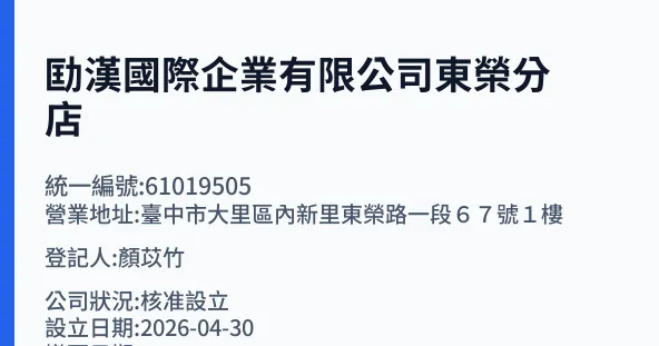 劻漢國際企業有限公司東榮分店的照片-統編 61019505(臺中市) 公司登記資料與營業項目詳細圖表