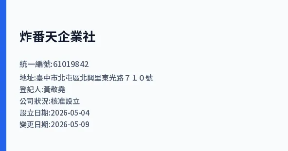 炸番天企業社的照片-統編 61019842(臺中市) 公司登記資料與營業項目詳細圖表
