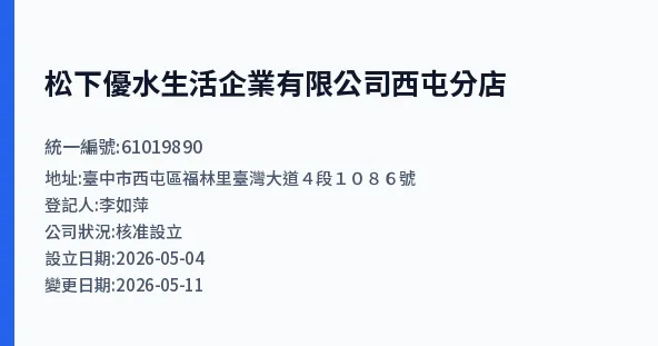 松下優水生活企業有限公司西屯分店的照片-統編 61019890(臺中市) 公司登記資料與營業項目詳細圖表