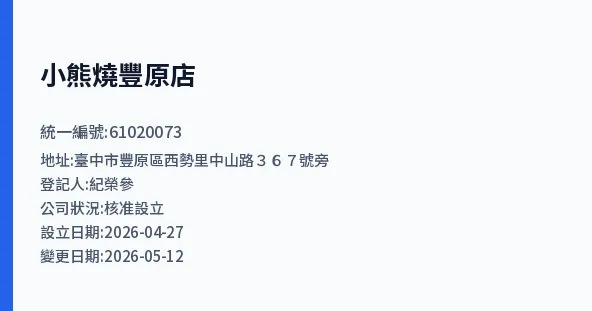 小熊燒豐原店的照片-統編 61020073(臺中市) 公司登記資料與營業項目詳細圖表