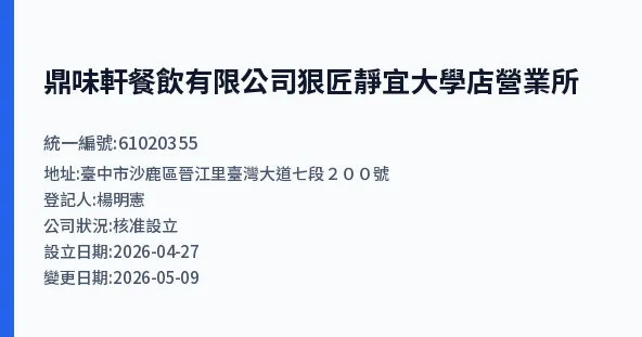 鼎味軒餐飲有限公司狠匠靜宜大學店營業所的照片-統編 61020355(臺中市) 公司登記資料與營業項目詳細圖表