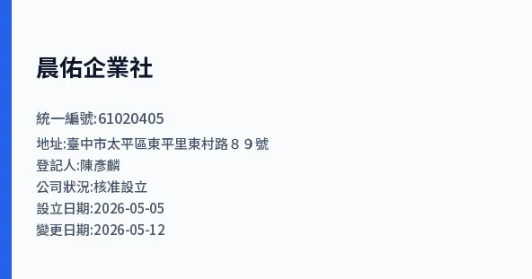 晨佑企業社的照片-統編 61020405(臺中市) 公司登記資料與營業項目詳細圖表