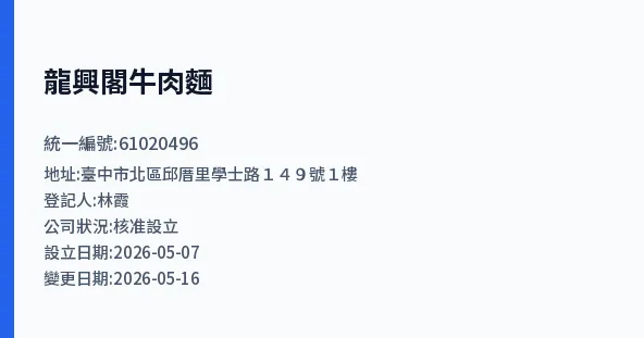 龍興閣牛肉麵的照片-統編 61020496(臺中市) 公司登記資料與營業項目詳細圖表