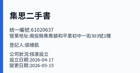 集思二手書的照片-統編 61020637(南投縣) 公司登記資料與營業項目詳細圖表