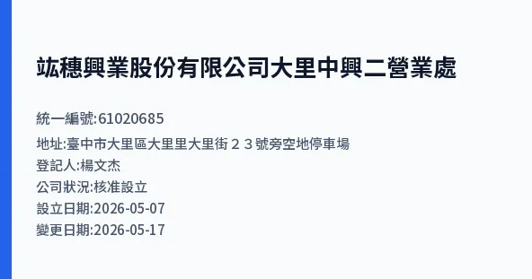 竑穗興業股份有限公司大里中興二營業處的照片-統編 61020685(臺中市) 公司登記資料與營業項目詳細圖表