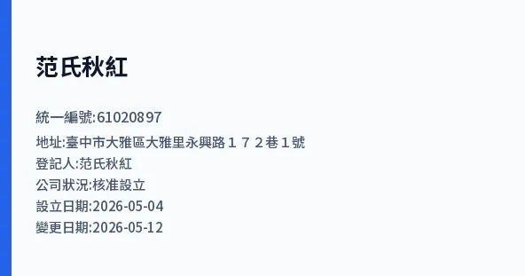 范氏秋紅的照片-統編 61020897(臺中市) 公司登記資料與營業項目詳細圖表