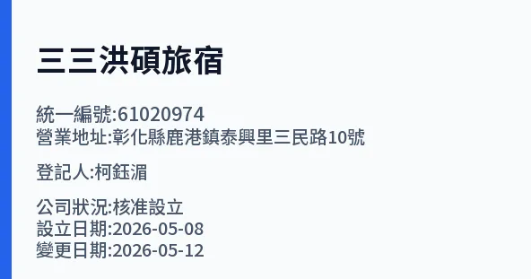 三三洪碩旅宿的照片-統編 61020974(彰化縣) 公司登記資料與營業項目詳細圖表