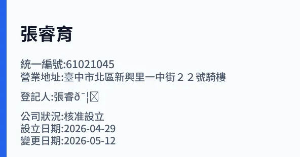 張睿育的照片-統編 61021045(臺中市) 公司登記資料與營業項目詳細圖表