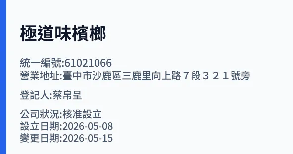 極道味檳榔的照片-統編 61021066(臺中市) 公司登記資料與營業項目詳細圖表