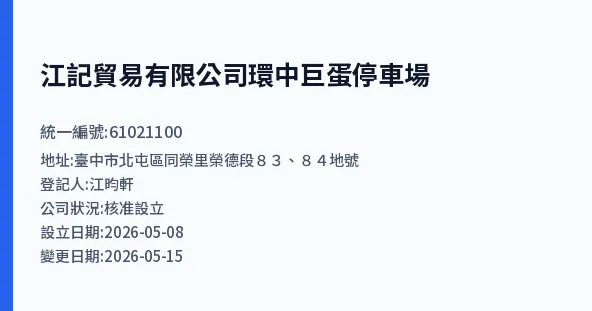 江記貿易有限公司環中巨蛋停車場的照片-統編 61021100(臺中市) 公司登記資料與營業項目詳細圖表