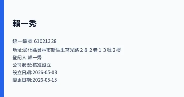 賴一秀的照片-統編 61021328(彰化縣) 公司登記資料與營業項目詳細圖表