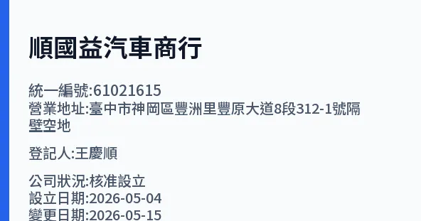 順國益汽車商行的照片-統編 61021615(臺中市) 公司登記資料與營業項目詳細圖表