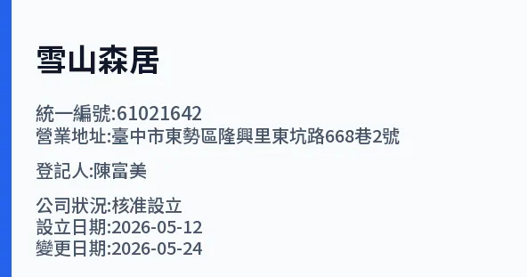 雪山森居的照片-統編 61021642(臺中市) 公司登記資料與營業項目詳細圖表