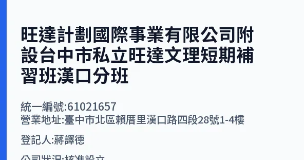旺達計劃國際事業有限公司附設台中市私立旺達文理短期補習班漢口分班的照片-統編 61021657(臺中市) 公司登記資料與營業項目詳細圖表