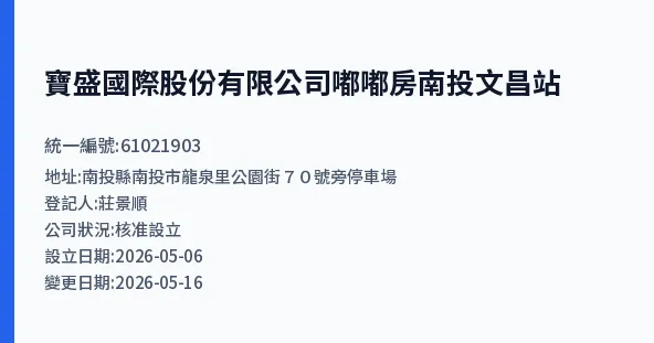 寶盛國際股份有限公司嘟嘟房南投文昌站的照片-統編 61021903(南投縣) 公司登記資料與營業項目詳細圖表