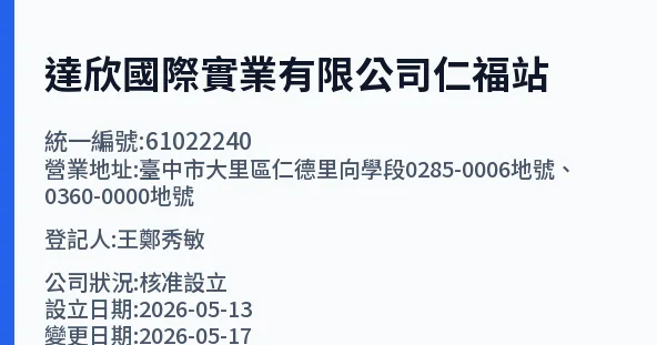 達欣國際實業有限公司仁福站的照片-統編 61022240(臺中市) 公司登記資料與營業項目詳細圖表