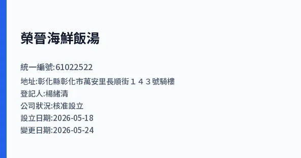 榮晉海鮮飯湯的照片-統編 61022522(彰化縣) 公司登記資料與營業項目詳細圖表