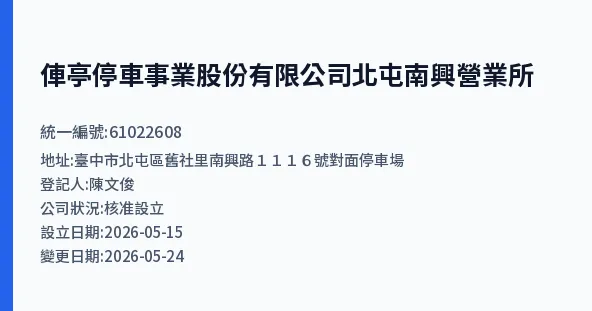 俥亭停車事業股份有限公司北屯南興營業所的照片-統編 61022608(臺中市) 公司登記資料與營業項目詳細圖表