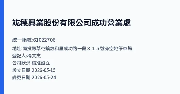 竑穗興業股份有限公司成功營業處的照片-統編 61022706(南投縣) 公司登記資料與營業項目詳細圖表