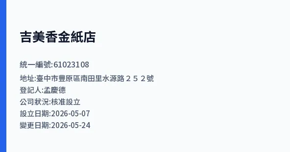 吉美香金紙店的照片-統編 61023108(臺中市) 公司登記資料與營業項目詳細圖表
