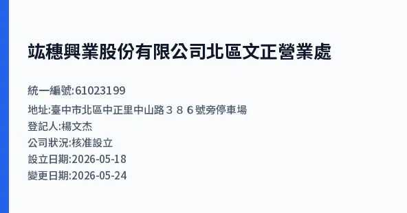 竑穗興業股份有限公司北區文正營業處的照片-統編 61023199(臺中市) 公司登記資料與營業項目詳細圖表