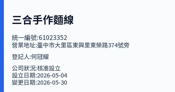 三合手作麵線的照片-統編 61023352(臺中市) 公司登記資料與營業項目詳細圖表