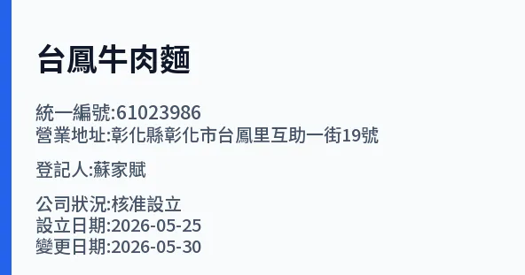 台鳳牛肉麵的照片-統編 61023986(彰化縣) 公司登記資料與營業項目詳細圖表