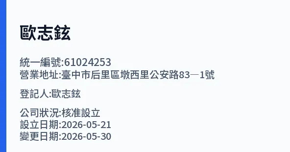 歐志鉉的照片-統編 61024253(臺中市) 公司登記資料與營業項目詳細圖表
