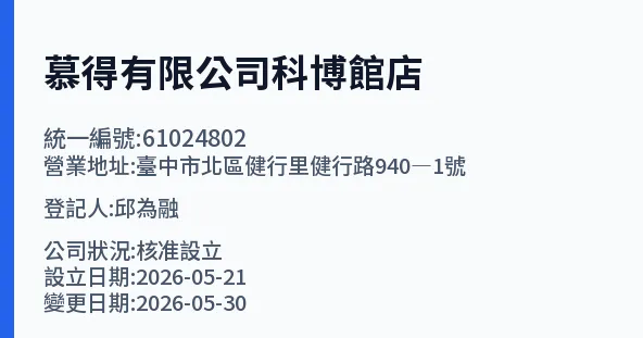 慕得有限公司科博館店的照片-統編 61024802(臺中市) 公司登記資料與營業項目詳細圖表