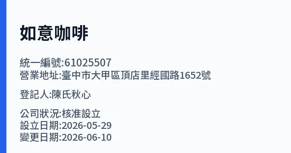 如意咖啡的照片-統編 61025507(臺中市) 公司登記資料與營業項目詳細圖表