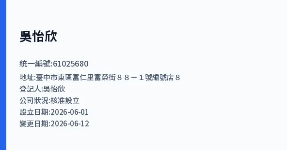 吳怡欣的照片-統編 61025680(臺中市) 公司登記資料與營業項目詳細圖表