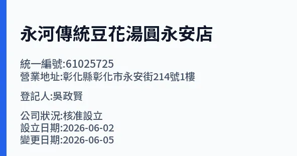 永河傳統豆花湯圓永安店的照片-統編 61025725(彰化縣) 公司登記資料與營業項目詳細圖表
