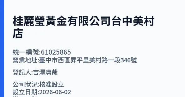 桂麗瑩黃金有限公司台中美村店的照片-統編 61025865(臺中市) 公司登記資料與營業項目詳細圖表