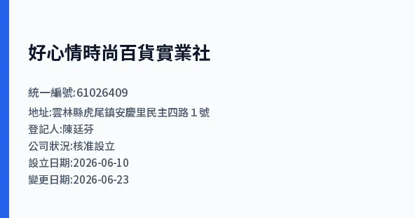 好心情時尚百貨實業社的照片-統編 61026409(雲林縣) 公司登記資料與營業項目詳細圖表