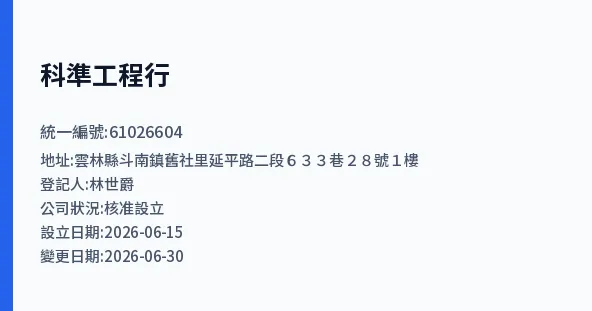科準工程行的照片-統編 61026604(雲林縣) 公司登記資料與營業項目詳細圖表