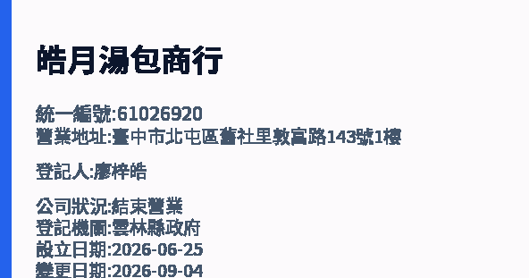 皓月湯包商行的照片-統編 61026920 公司登記資料與營業項目詳細圖表