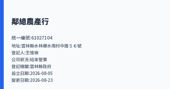 鄅繶農產行的照片-統編 61027104(雲林縣) 公司登記資料與營業項目詳細圖表