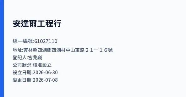 安達爾工程行的照片-統編 61027110(雲林縣) 公司登記資料與營業項目詳細圖表