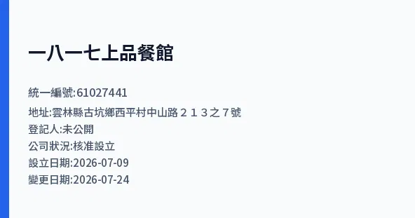 一八一七上品餐館的照片-統編 61027441(雲林縣) 公司登記資料與營業項目詳細圖表