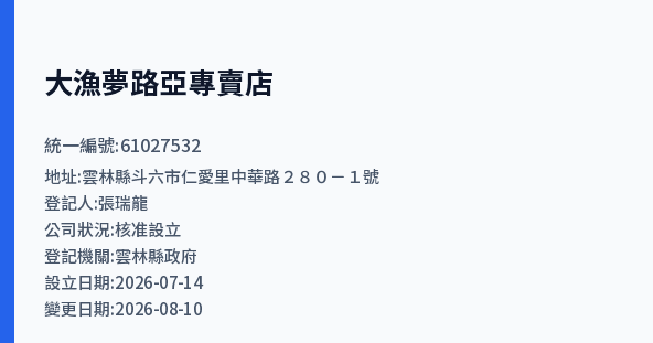 大漁夢路亞專賣店的照片-統編 61027532(雲林縣) 公司登記資料與營業項目詳細圖表