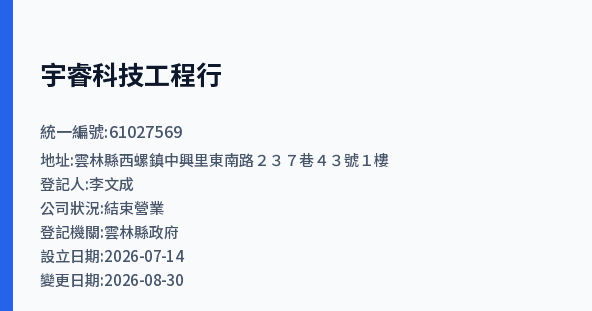 宇睿科技工程行的照片-統編 61027569 公司登記資料與營業項目詳細圖表