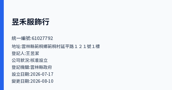 昱禾服飾行的照片-統編 61027792(雲林縣) 公司登記資料與營業項目詳細圖表