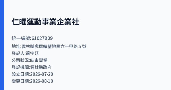 仁曜運動事業企業社的照片-統編 61027809(雲林縣) 公司登記資料與營業項目詳細圖表