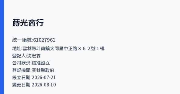 蒔光商行的照片-統編 61027961(雲林縣) 公司登記資料與營業項目詳細圖表