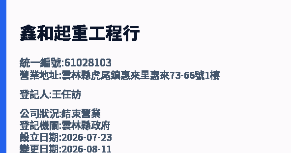 鑫和起重工程行的照片-統編 61028103(雲林縣) 公司登記資料與營業項目詳細圖表