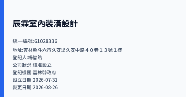 辰霖室內裝潢設計的照片-統編 61028336(雲林縣) 公司登記資料與營業項目詳細圖表