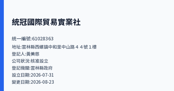 統冠國際貿易實業社的照片-統編 61028363(雲林縣) 公司登記資料與營業項目詳細圖表