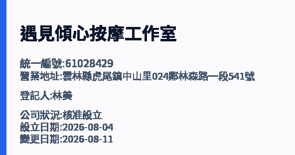 遇見傾心按摩工作室的照片-統編 61028429(雲林縣) 公司登記資料與營業項目詳細圖表
